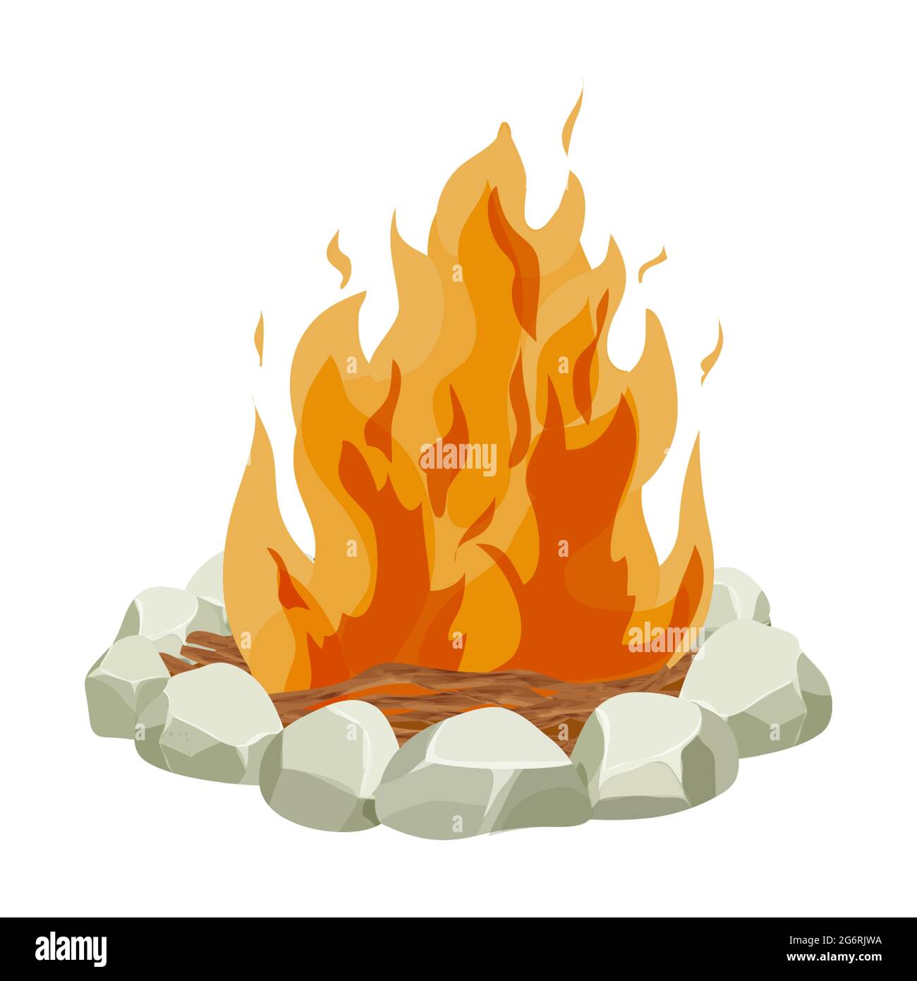 Fireplace, fire with wooden tree sticks,twigs and stones in cartoon ...