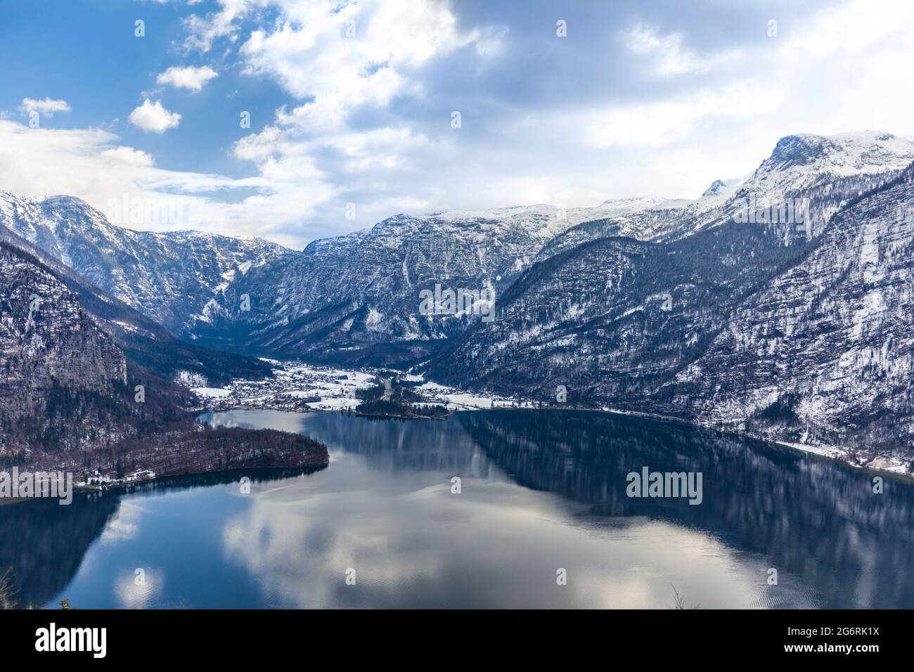 Aerial view of Hallstatt town at lake and mountain ranges on a cold ...