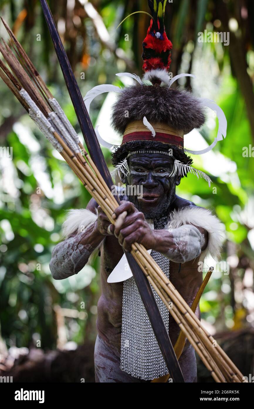 A Dani warrior showing off his archery equipment and skills. WEST PAPUA ...