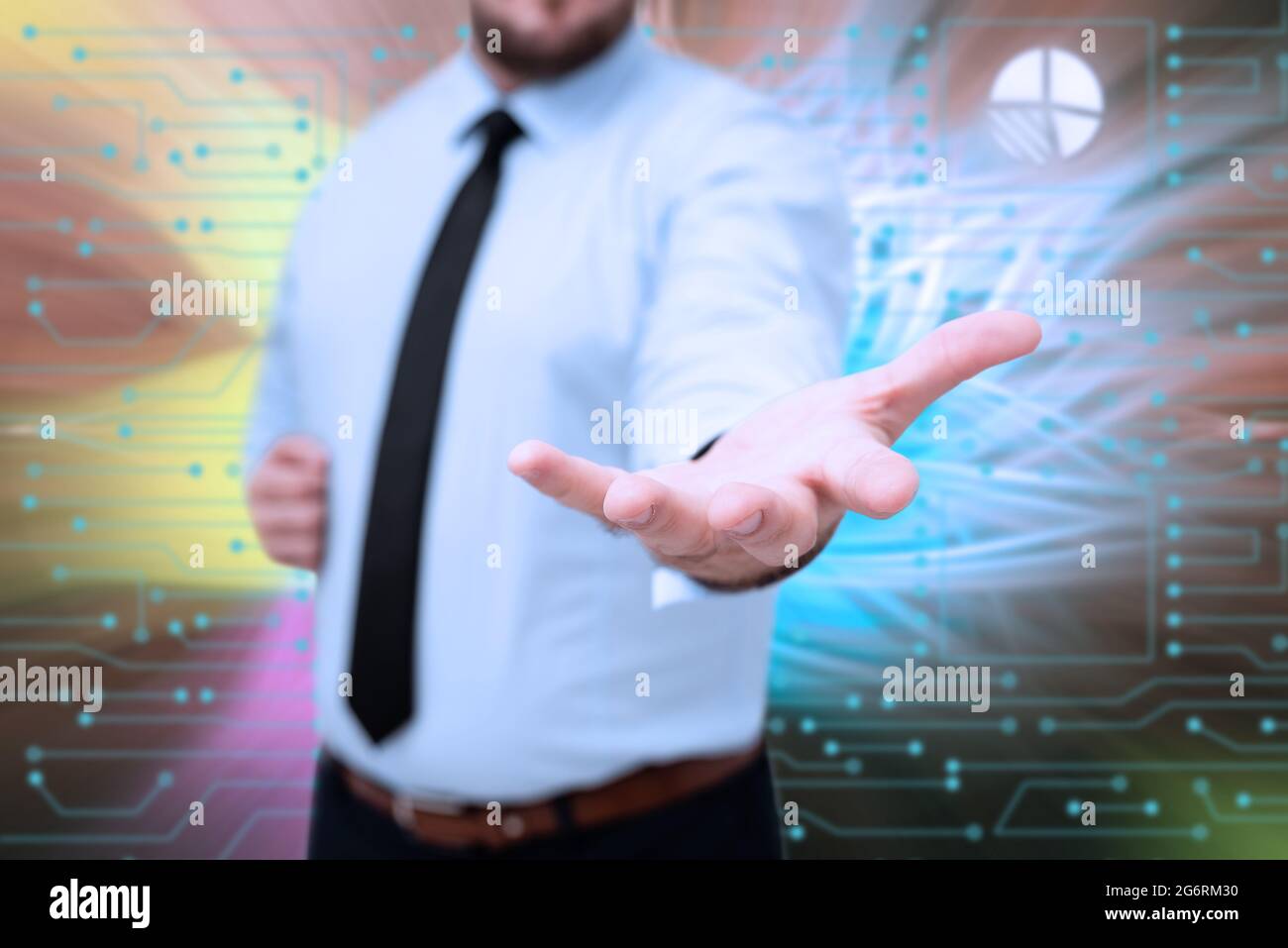 Man In Uniform Side Standing Stretching Hand Holding New Futuristic ...