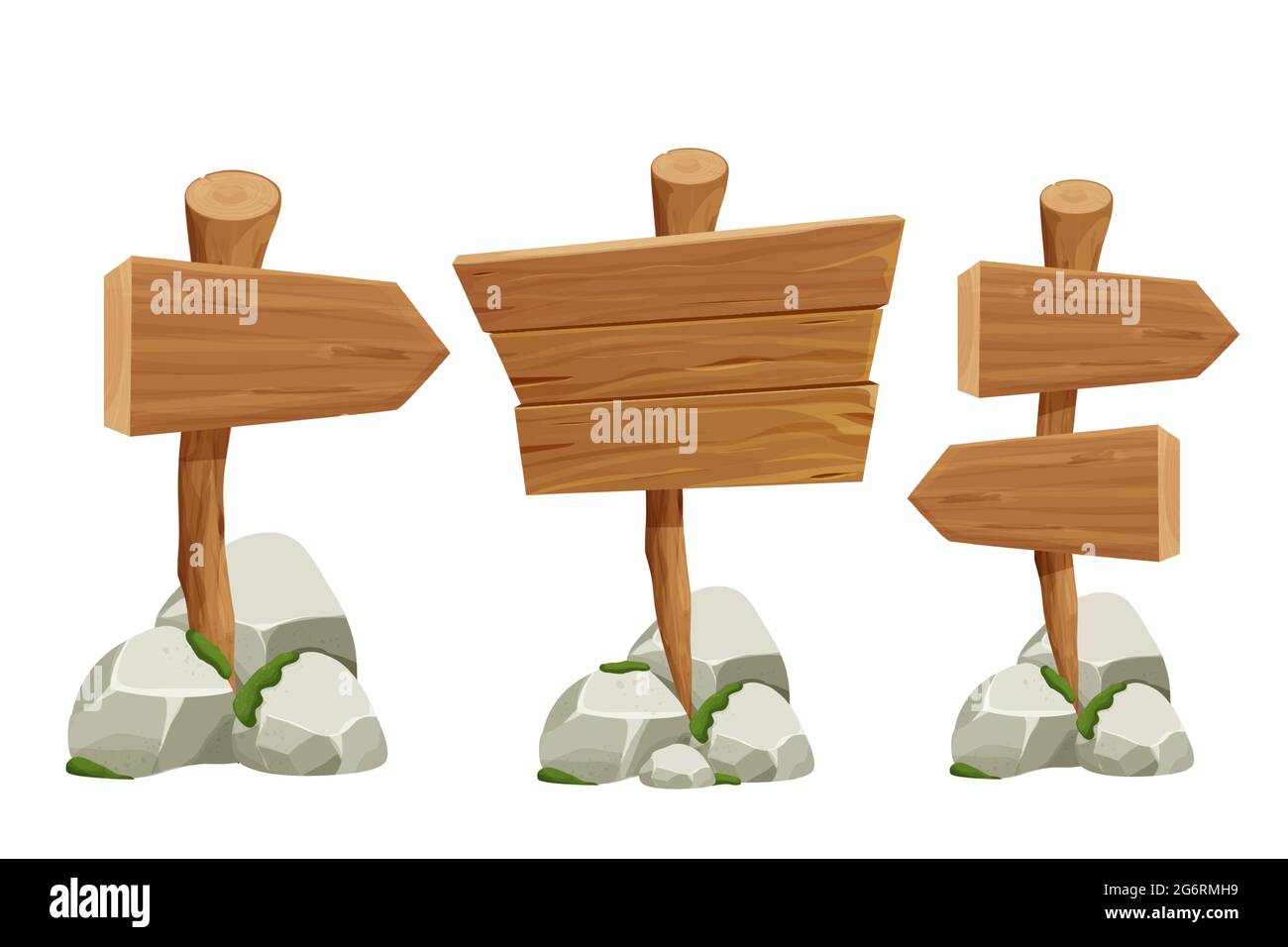 Set wooden pointer, signboards with rock pile and moss in cartoon style ...