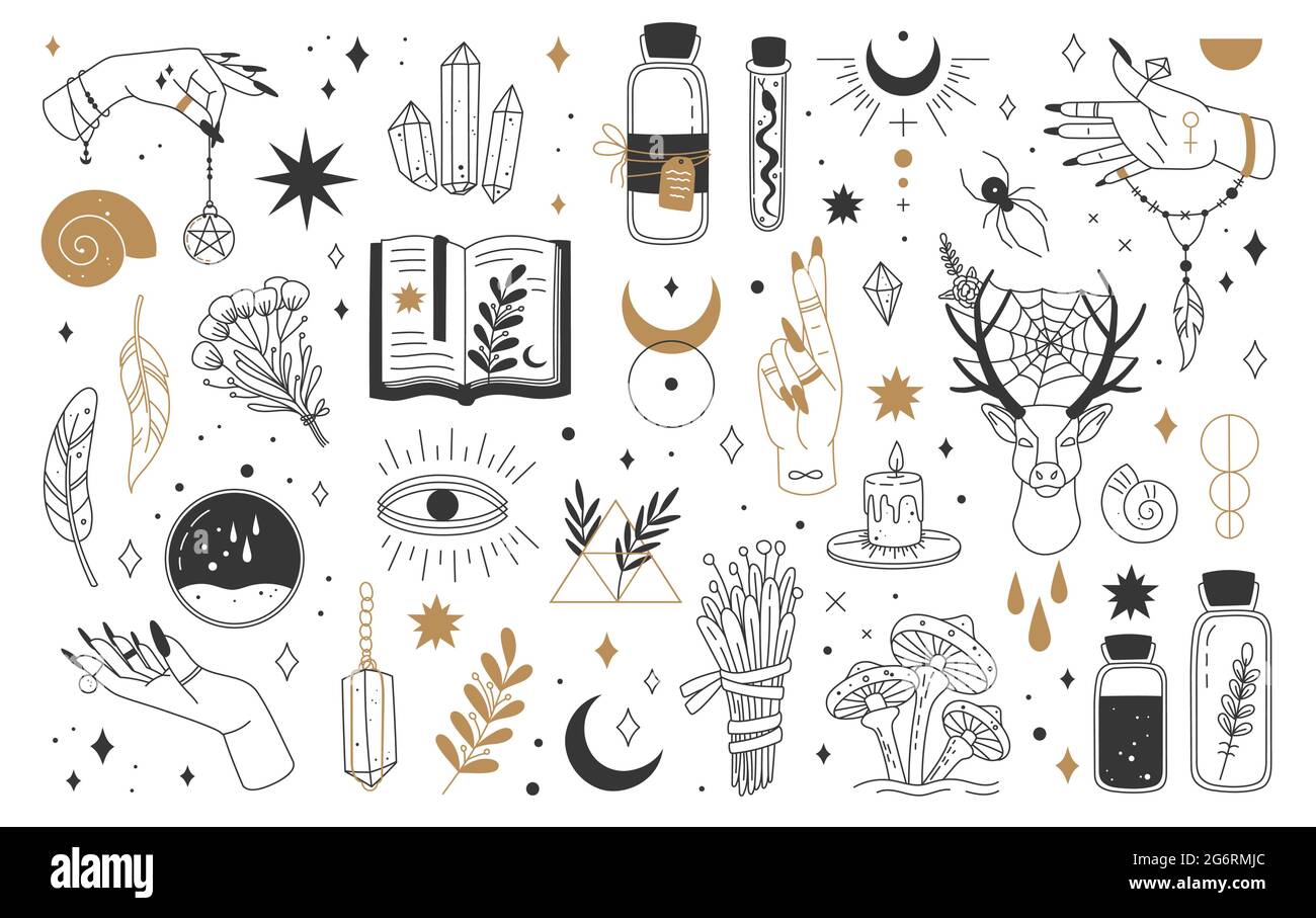 Mystic and esoteric elements. Moon, witch hands crystals, potions ...