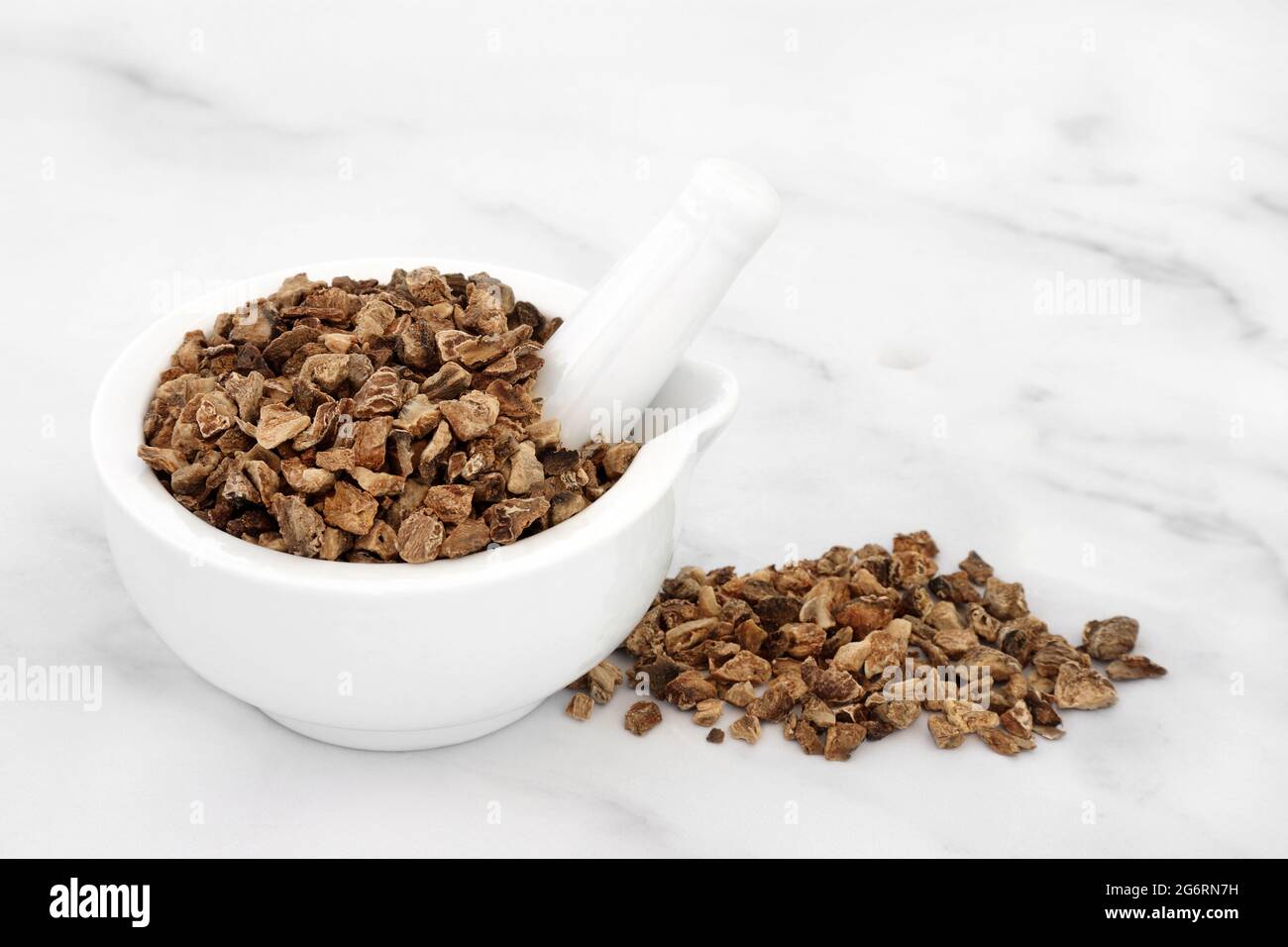 Devils claw root in a mortar with pestle used in herbal medicine to ...