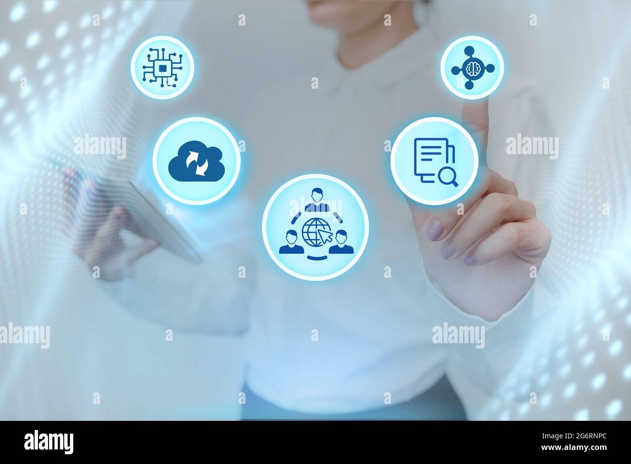 Lady In Uniform Side Standing Holding Tablet And Pressing On Virtual ...