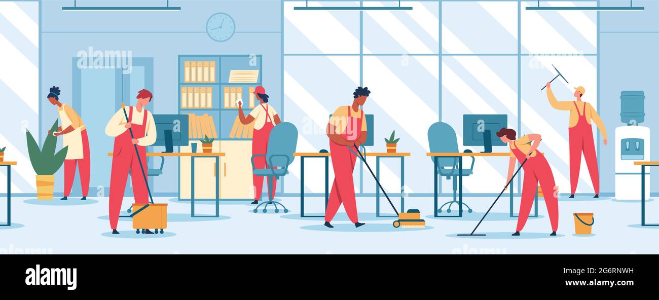 Office cleaning. Team of professional cleaners mopping floor, vacuuming ...