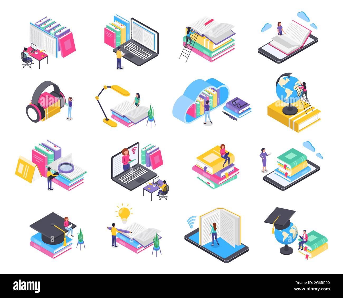 Isometric online education. People studying via laptop or phone. Online ...