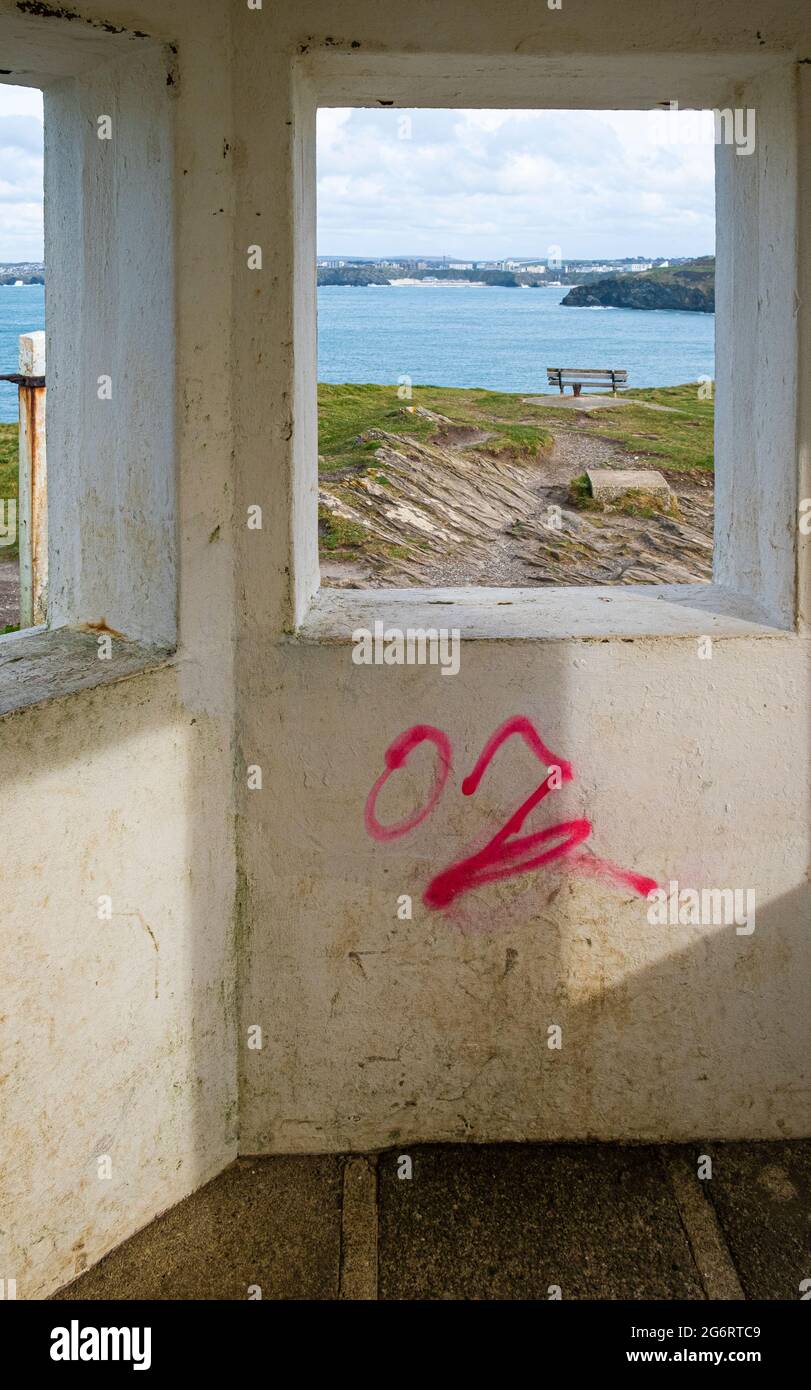 Ugly graffiti sprayed on the inside walls of the old Coastguard Lookout ...