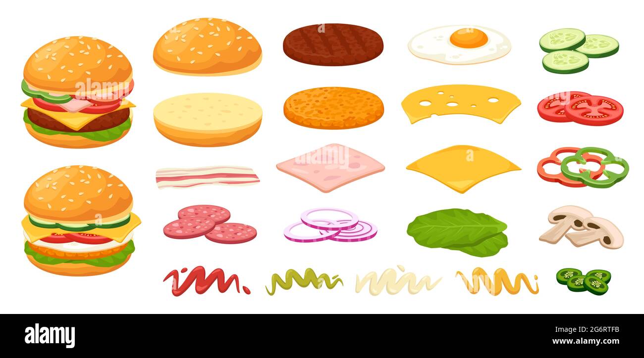 Cartoon burger ingredients. Bun, cheese, roasted egg, pickle, sliced ...