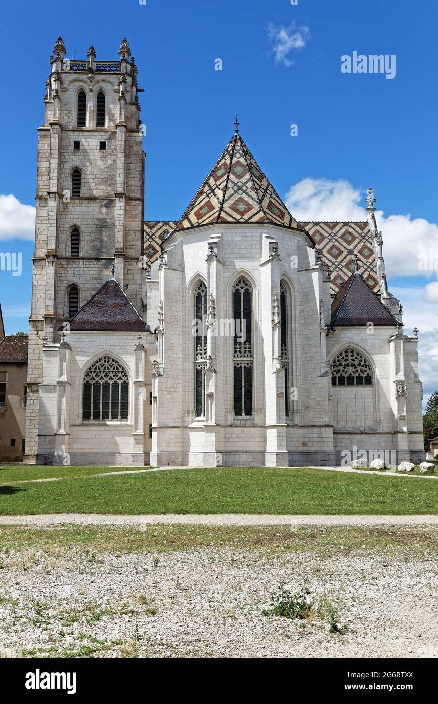 BOURG-EN-BRESSE, FRANCE, June 29, 2021 : Outdoor vertical view of Brou ...