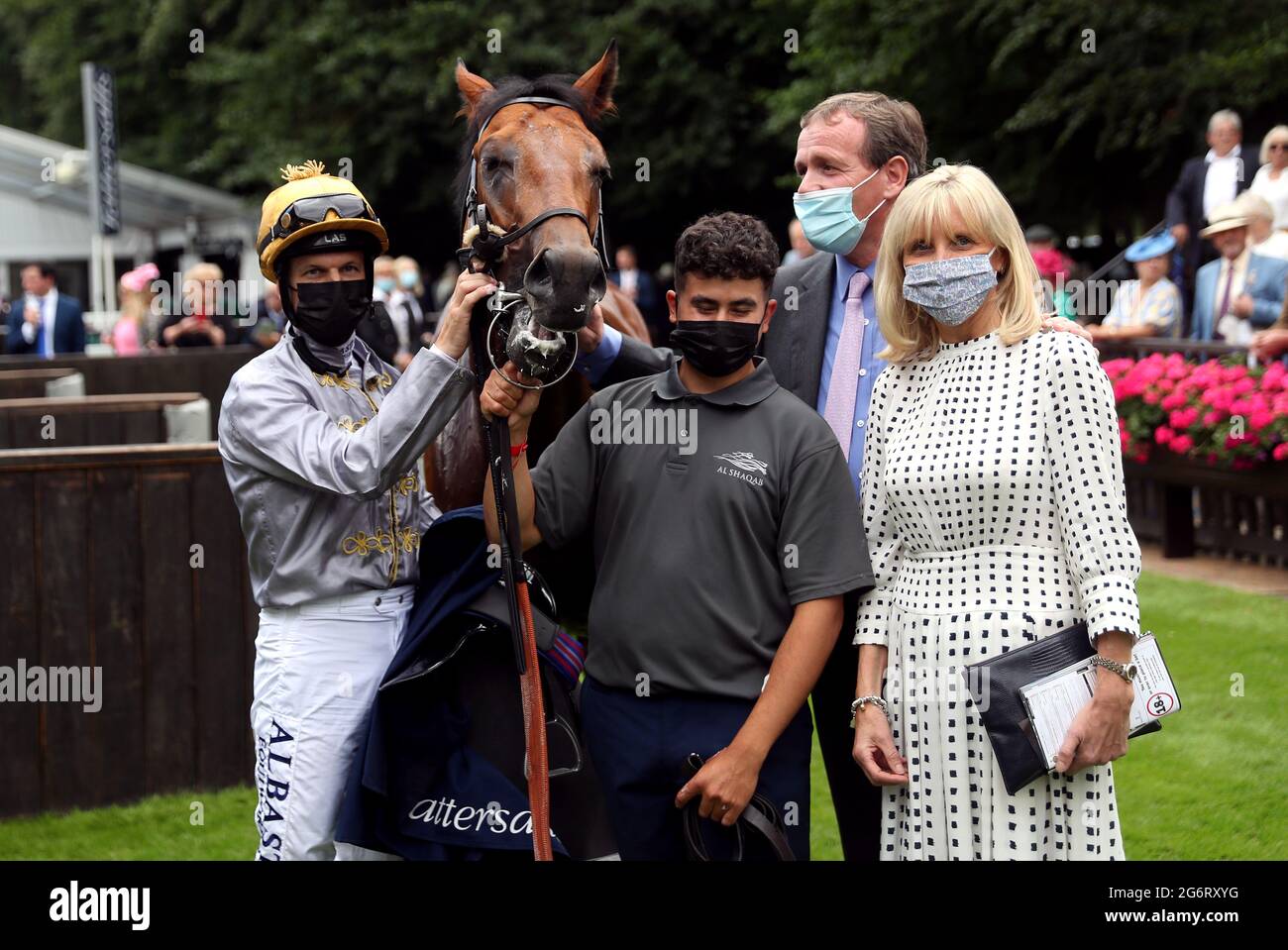 Lusail and jockey Pat Dobbs after winning the Tattersalls July Stakes ...
