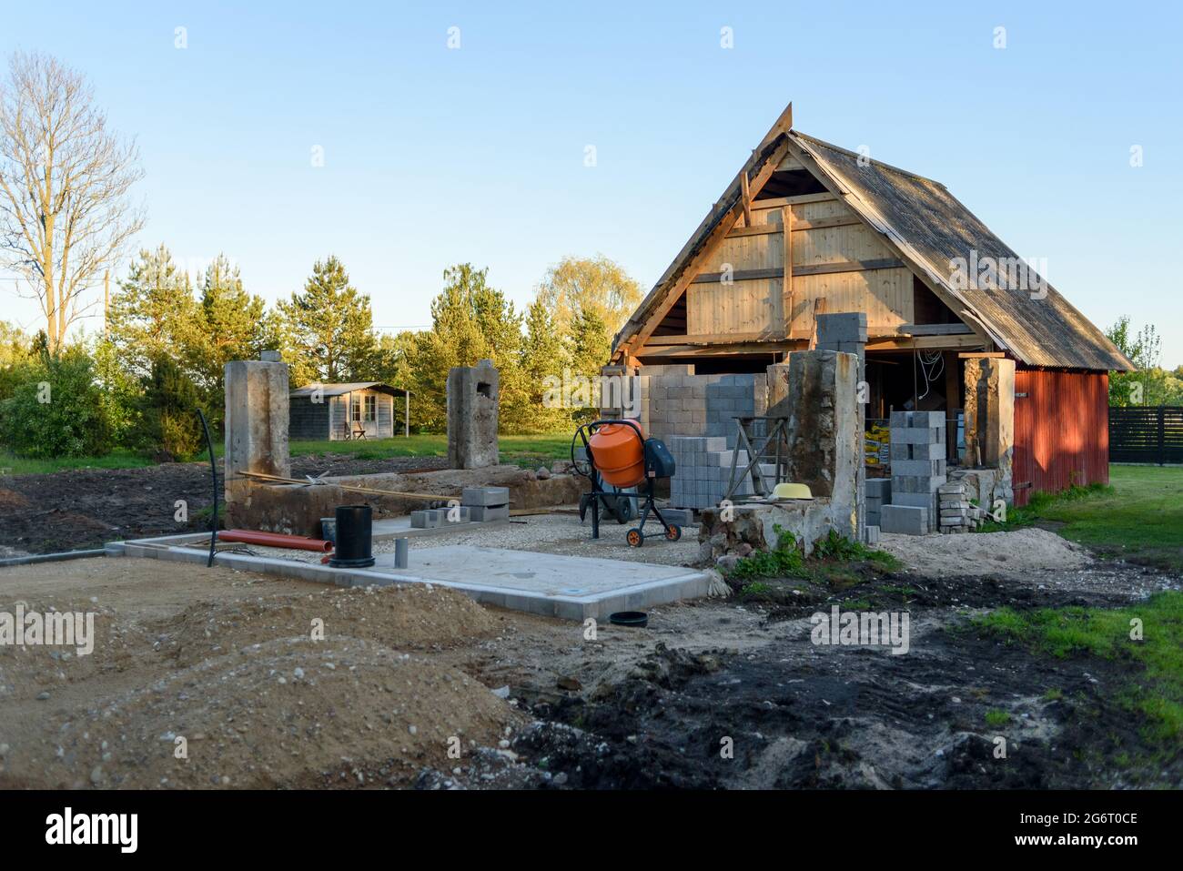 Country house construction site with materials and equipment Stock ...