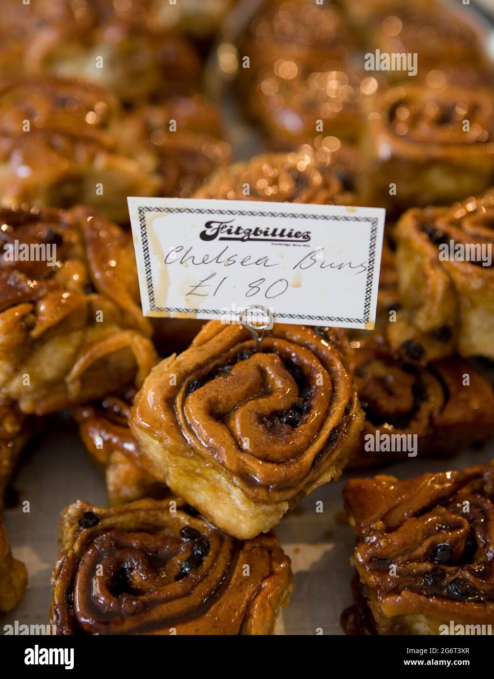 Chelsea buns on sale at Fitzbillies bakery in the town of Cambridge ...