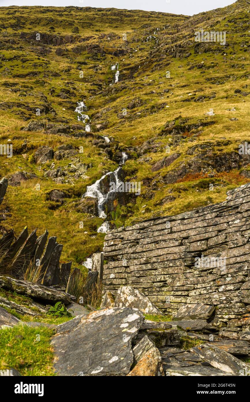 Welsh hillside with stream and ruined slate walls, portrait Stock Photo ...