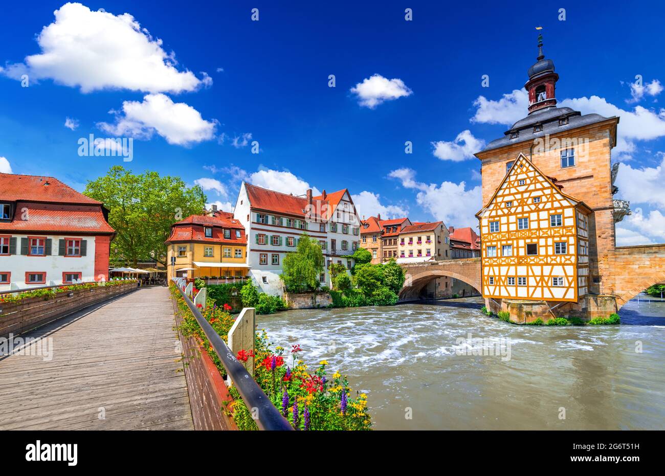 Bamberg, Germany. Half-timbered Town Hall and Regnitz River, old ...