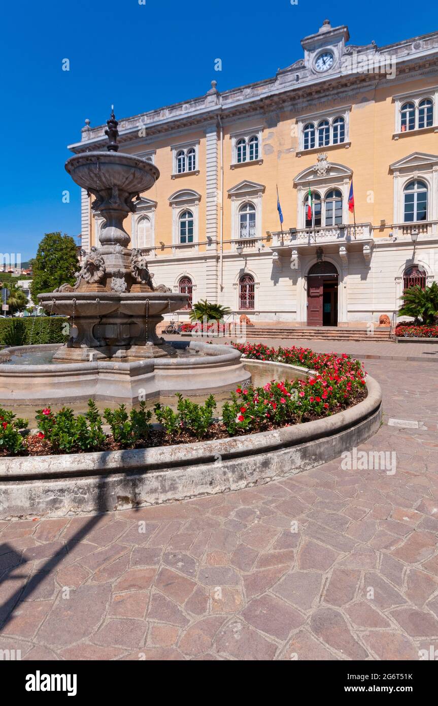 Italy, Liguria, Alassio, Piazza della Libertà Square, Fountain ...