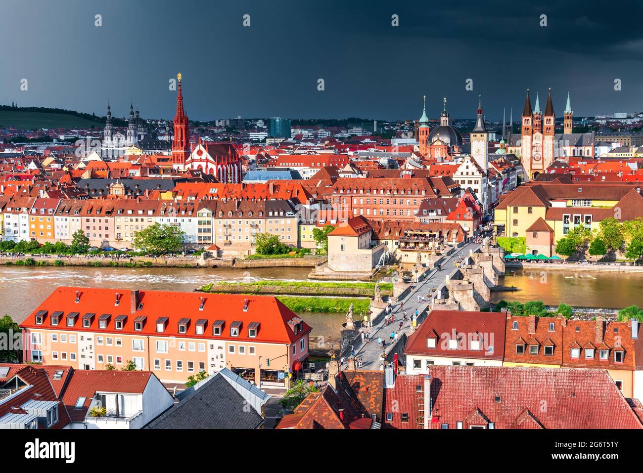 Wurzburg, Germany. Aerial amazing storm light on Old Town, part of the ...