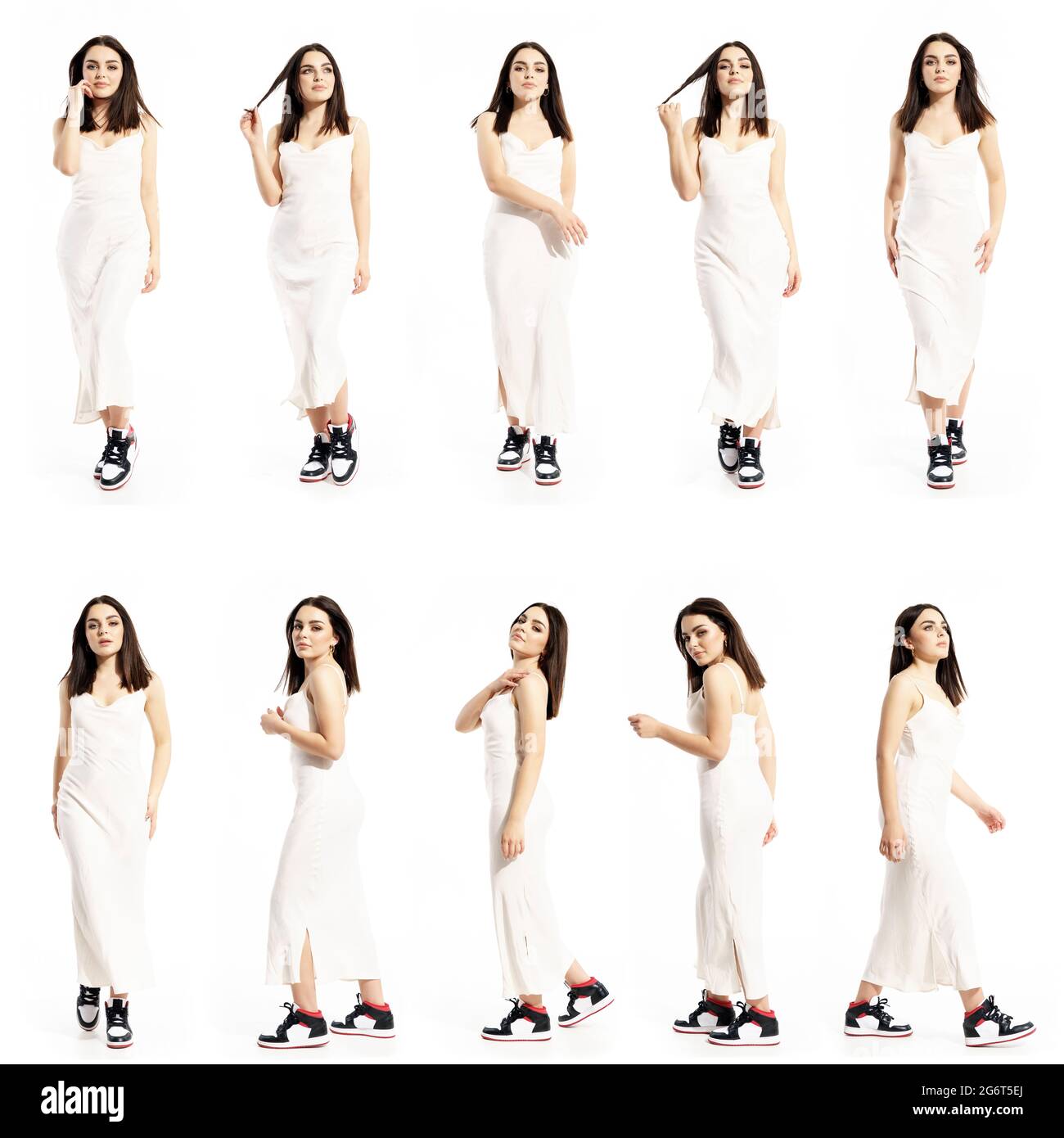 Set of high key stylish glamorous gen Z woman in dress with sneakers ...