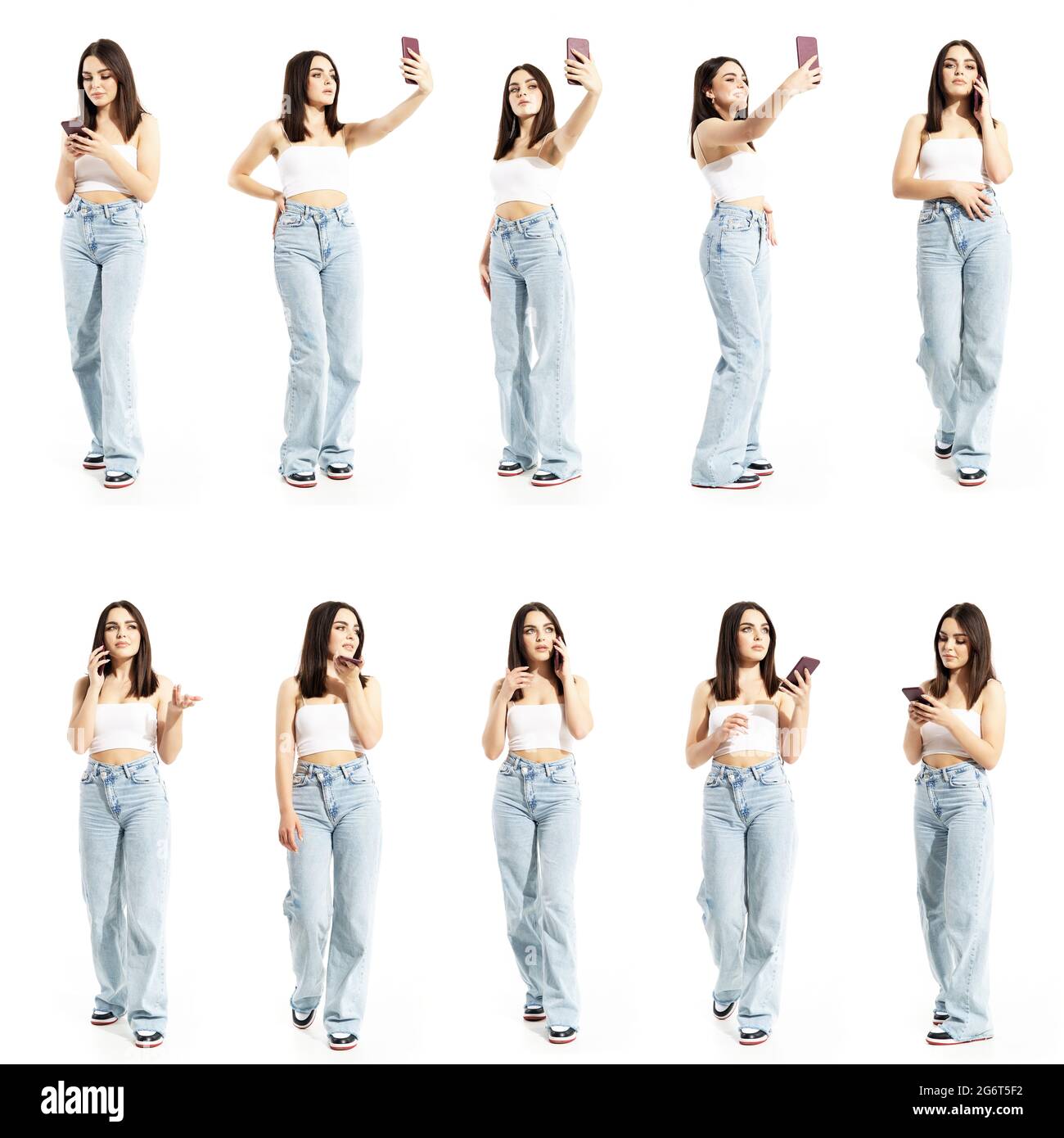 Collection of trendy gen Z girls using phone taking selfies talking on ...