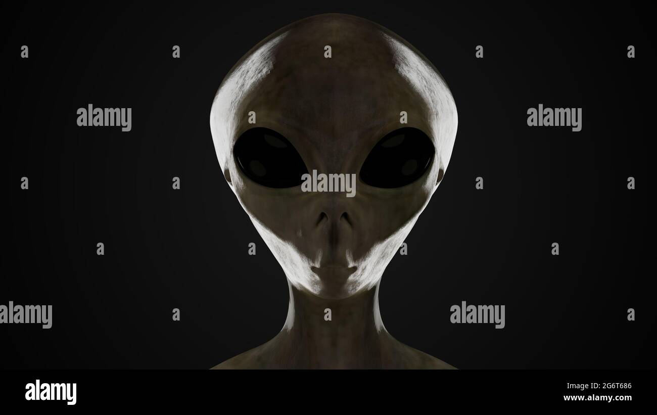 Spooky alien's face on black background. 3D rendered illustration Stock ...