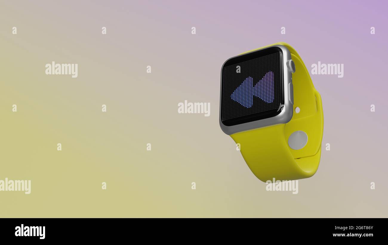 Smart watch 3d rendering with symbol of two right double arrows on lcd ...