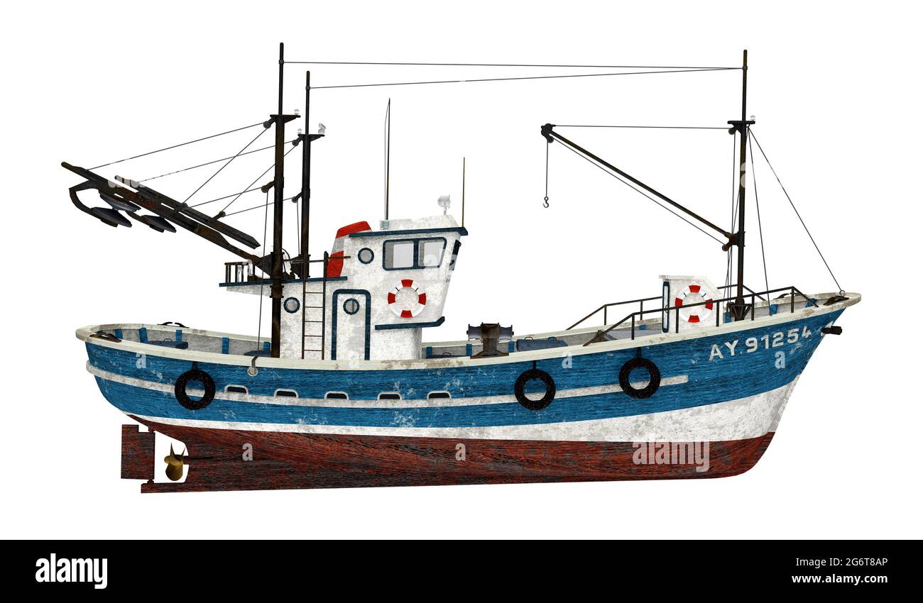 Side view of a fishing trawler isolated on white background Stock Photo ...