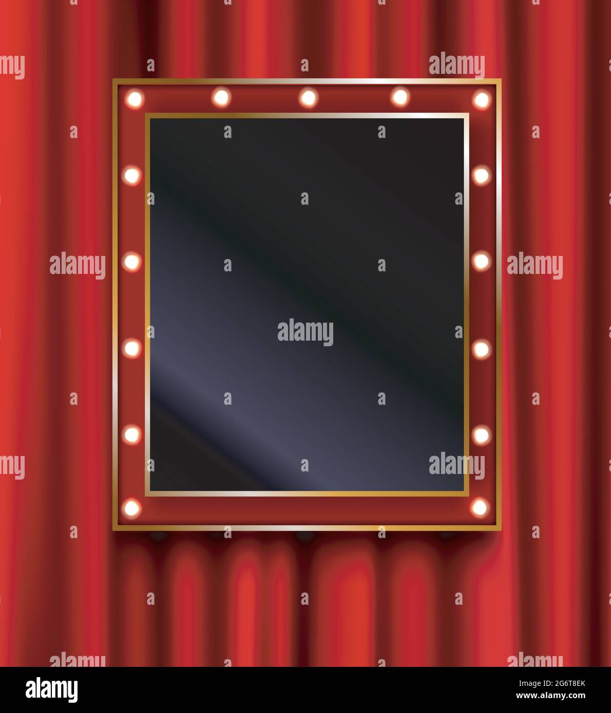 Realistic retro cinema announcement board with bulb frame on curtains ...