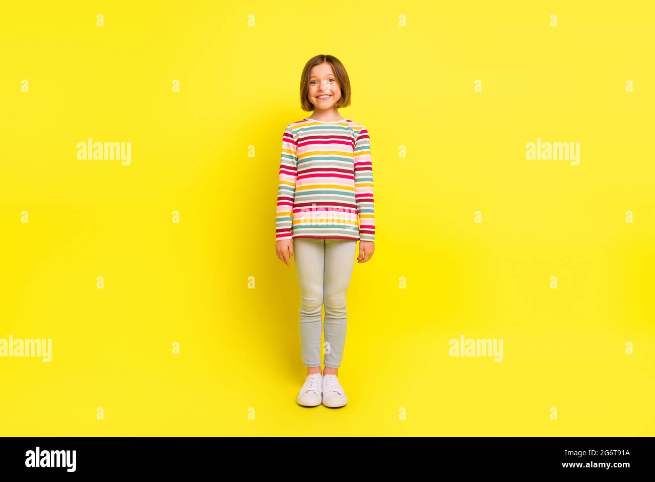 Full body photo of charming happy attractive girl good mood smile cute ...