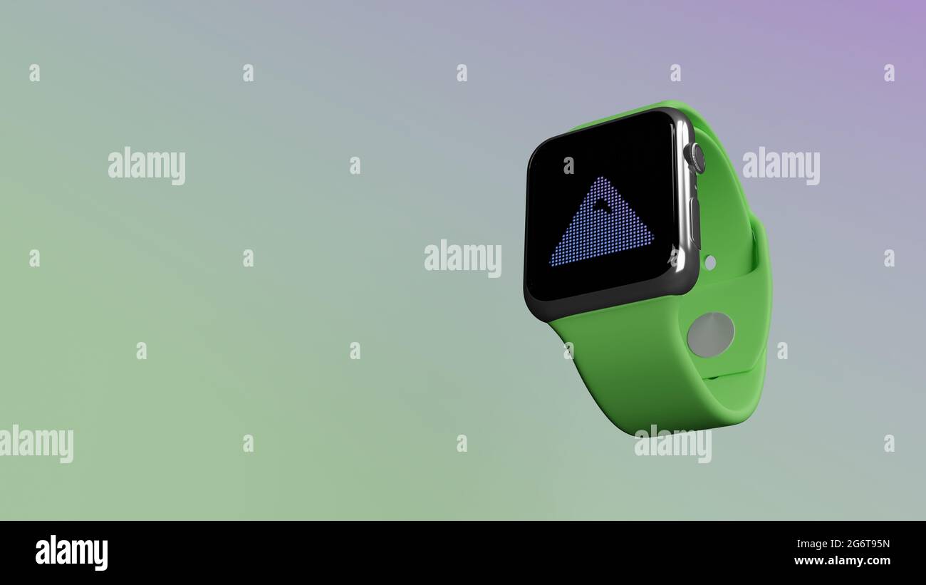 Smart watch 3d rendering with symbol of triangle mountain with snow ...