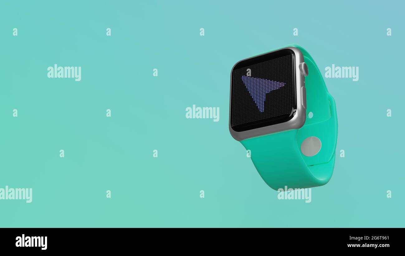 Smart watch 3d rendering with symbol of navigation arrow right on lcd ...