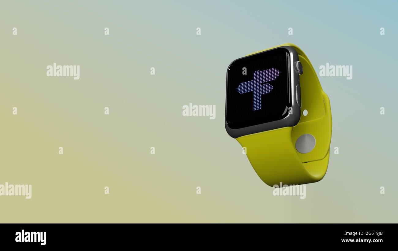 Smart watch 3d rendering with symbol of three maps signs on stick on ...