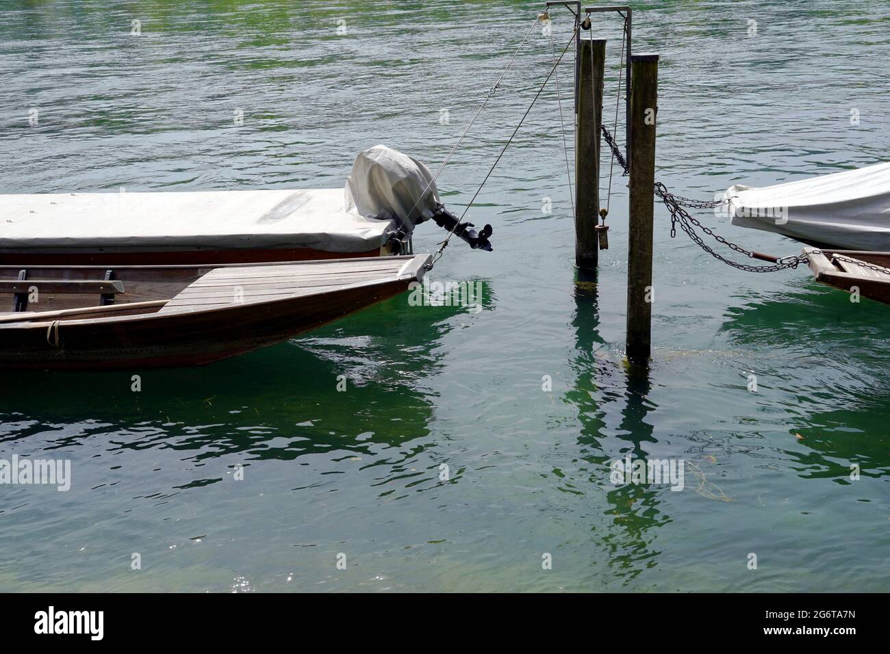 Wooden boats called weidling in German language. Boats are moored at ...