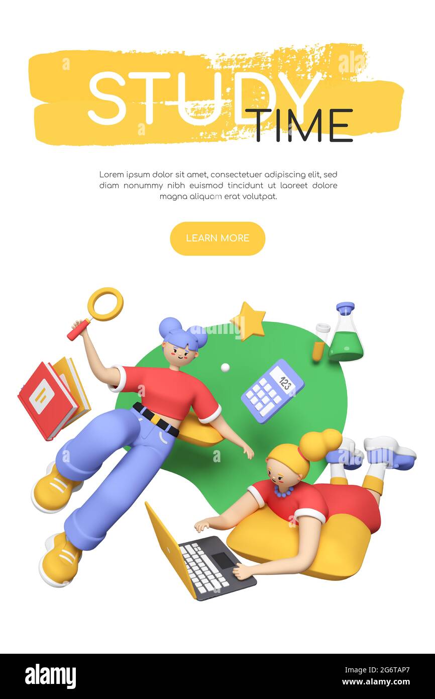 Study time - colorful 3D style banner with place for your text. Cartoon ...