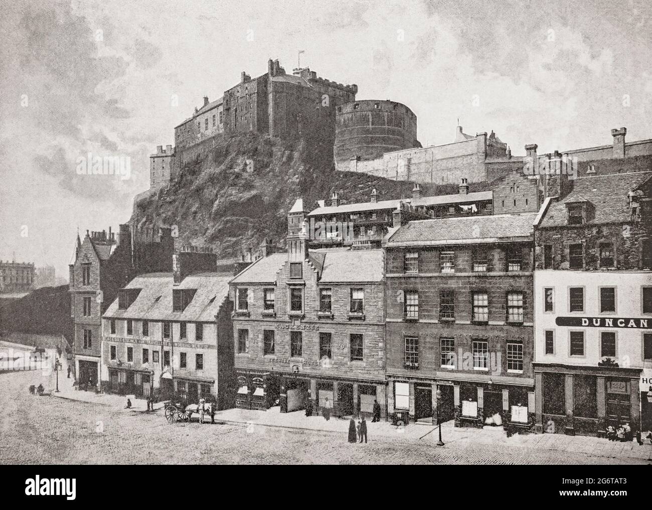 A late 19th century view of Edinburgh Castle from the Grassmarket, a ...