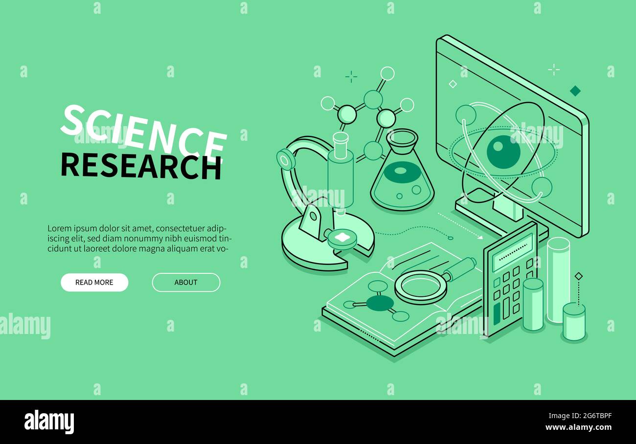Science research - line design style isometric web banner with copy ...