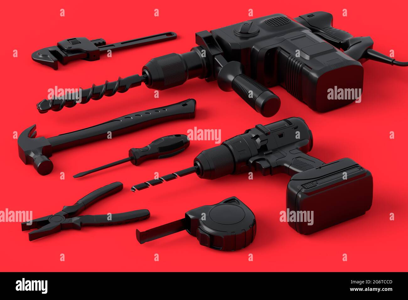 Isometric view of monochrome construction tools for repair and ...