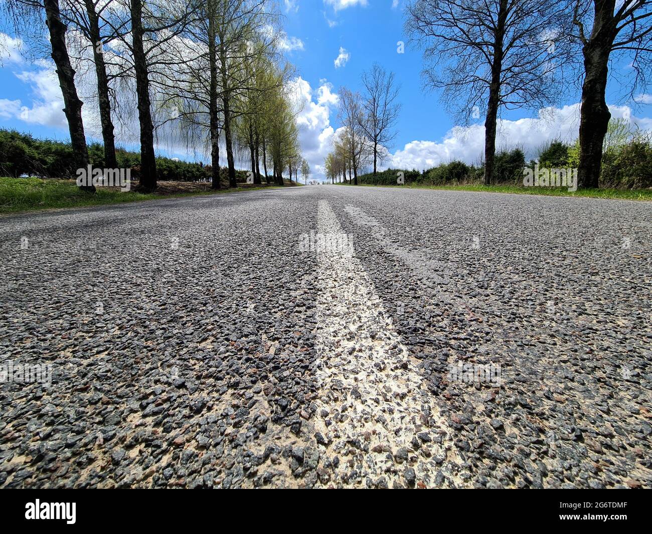 White dividing strip painted on asphalt road against background of ...