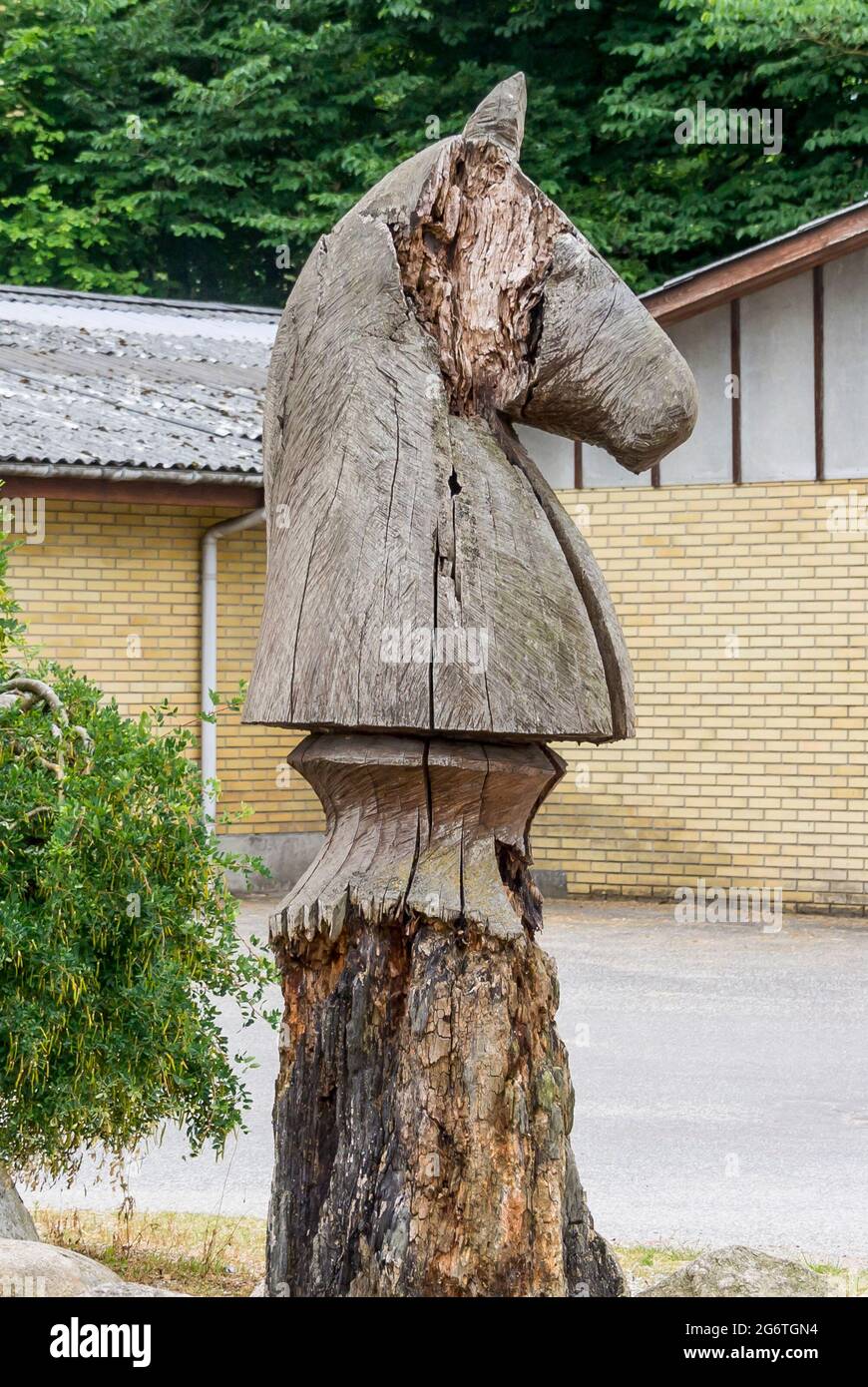 Aarhus, Denmark - 27 June 2021: Statue in wooden horse, Old carved ...