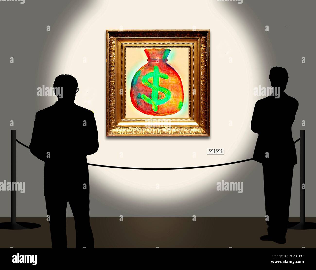 An art installation includes a painting of a bag of money hanging on ...