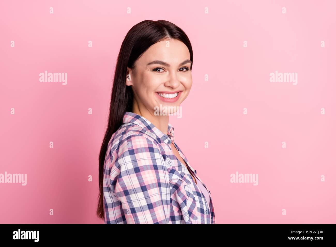 Profile side view portrait of pretty cheerful girl wearing plaid shirt ...