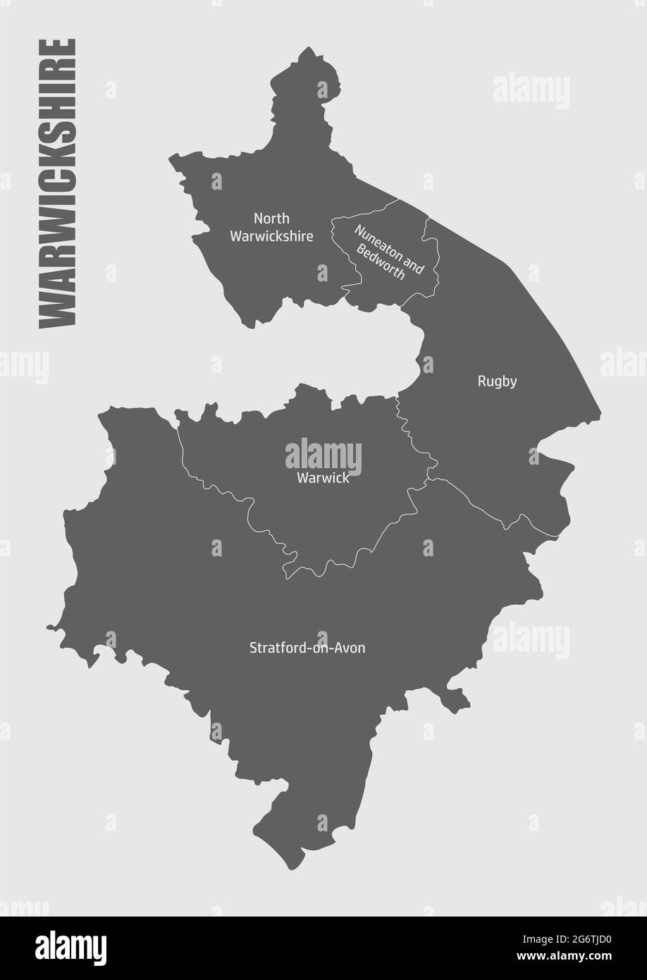 Warwickshire county map divided in districts with labels, England Stock ...