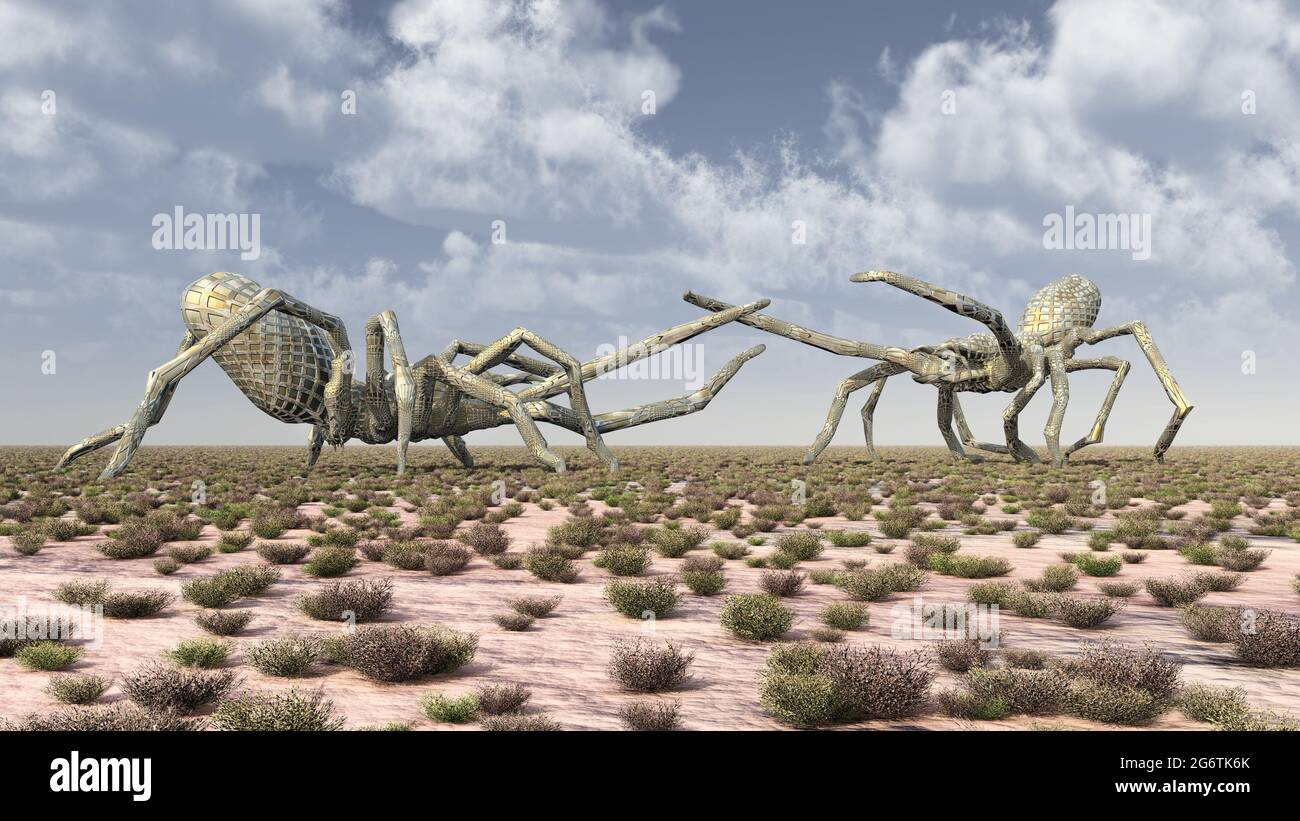 Two monstrous spiders in a landscape Stock Photo - Alamy