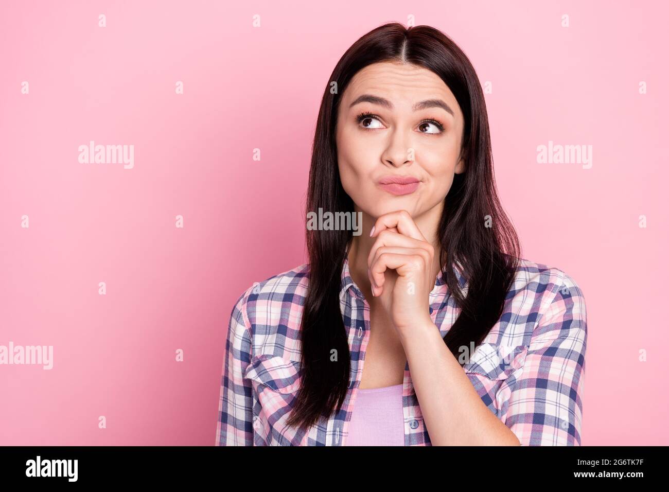 Photo portrait of unsure girl thoughtful got doubt isolated on pastel ...