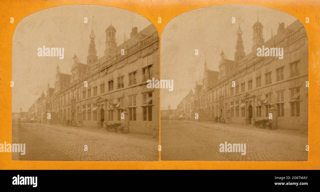 Stereoscopic photo of the Town Hall of Leiden, Holland. Facade in Dutch ...
