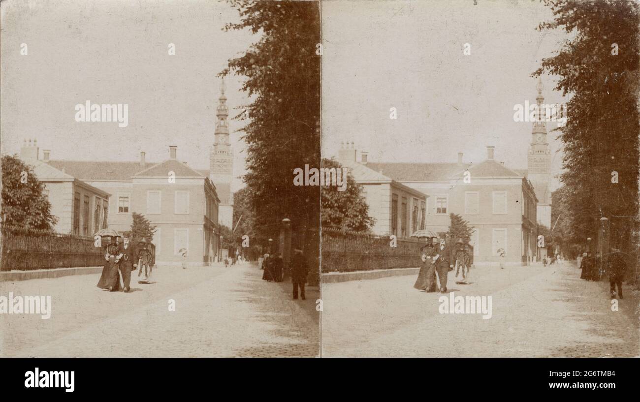 'Steenschuur' street in Leiden, Holland, photographed around 1900. At ...