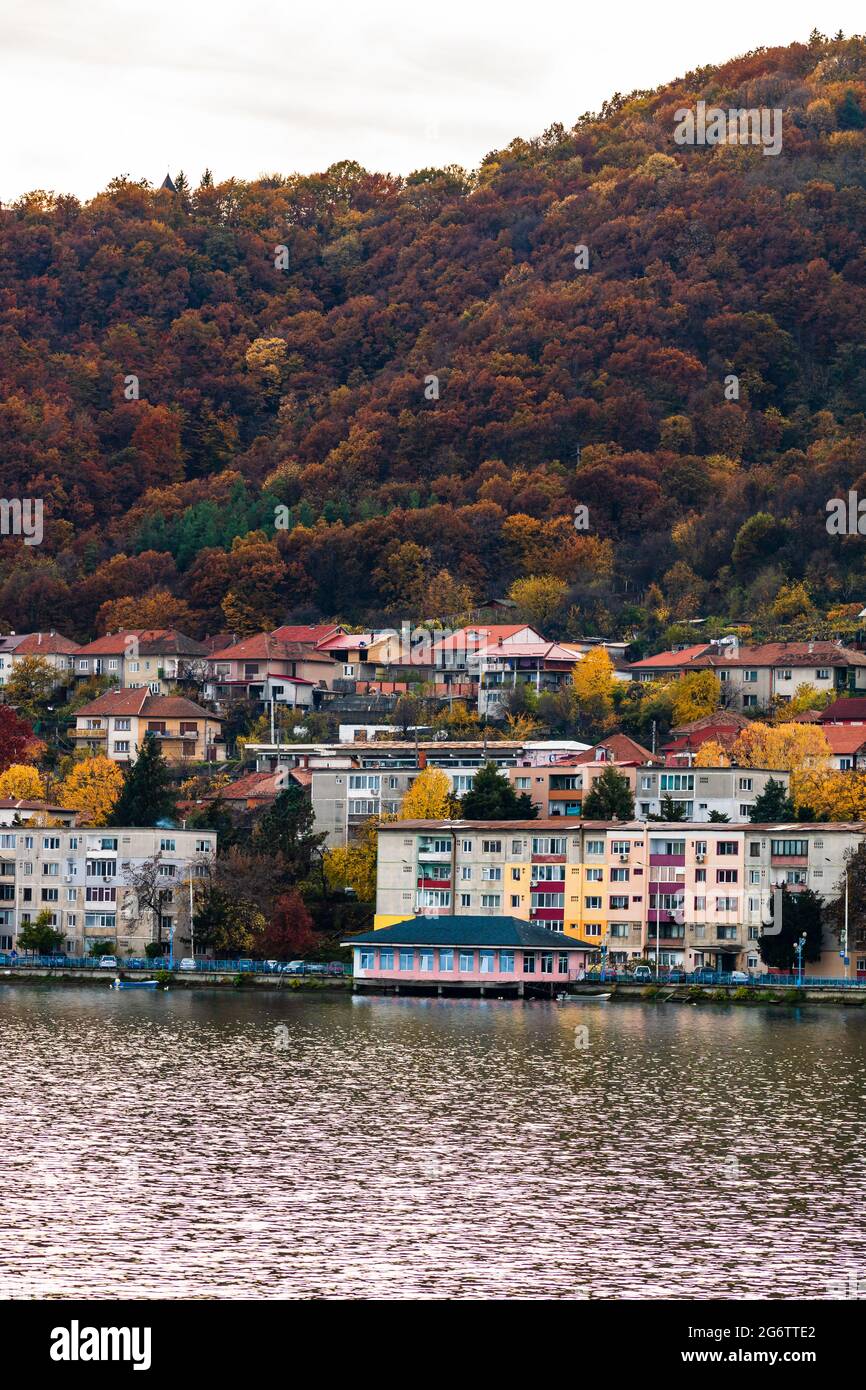 View of Danube river and Orsova city vegetation and buildings ...