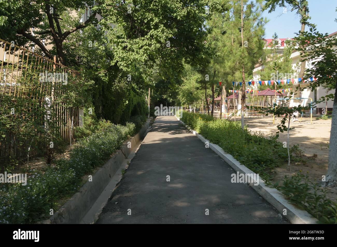 Asphalt alley in the park among trees and flowers near a children's ...