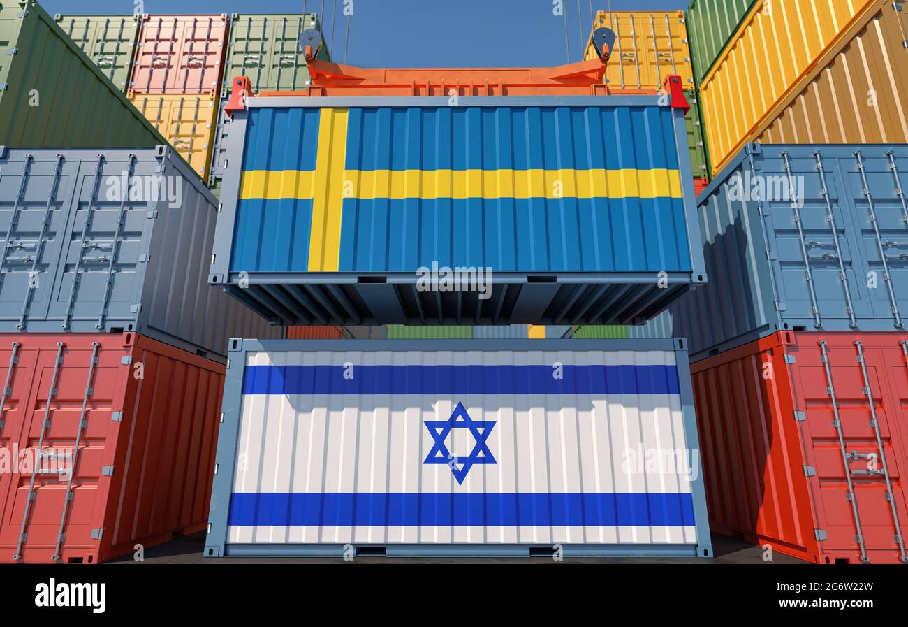Container Terminal. Two cargo Container with Sweden and Israel national ...