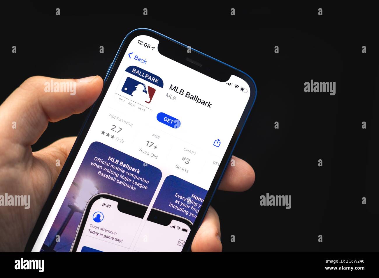 Kharkov, Ukraine - June 4, 2021: MLB Ballpark app, man hold mobile ...