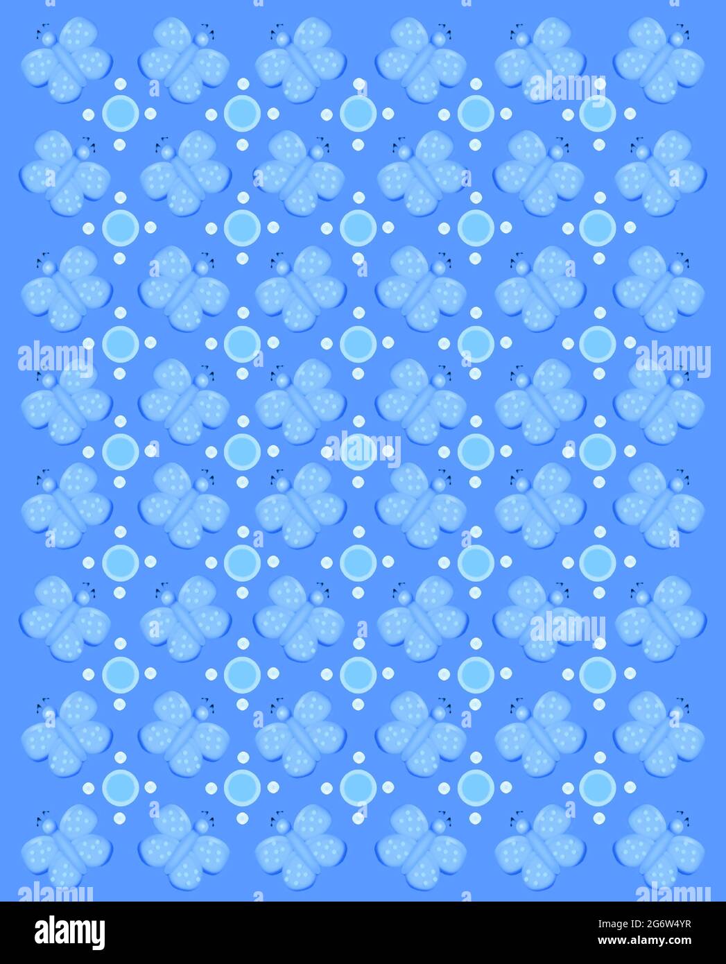 Rows of butterflies and circles fill image. Background is soft blue ...