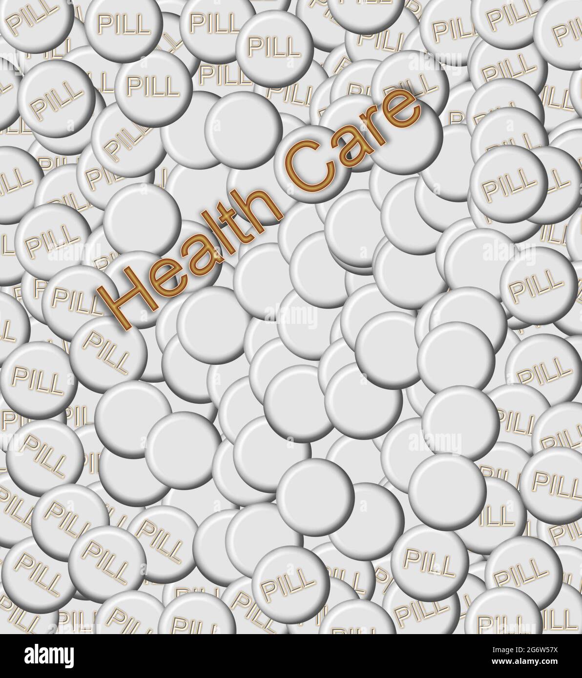 Background image shows large pile of pills. Each tablet is white and ...
